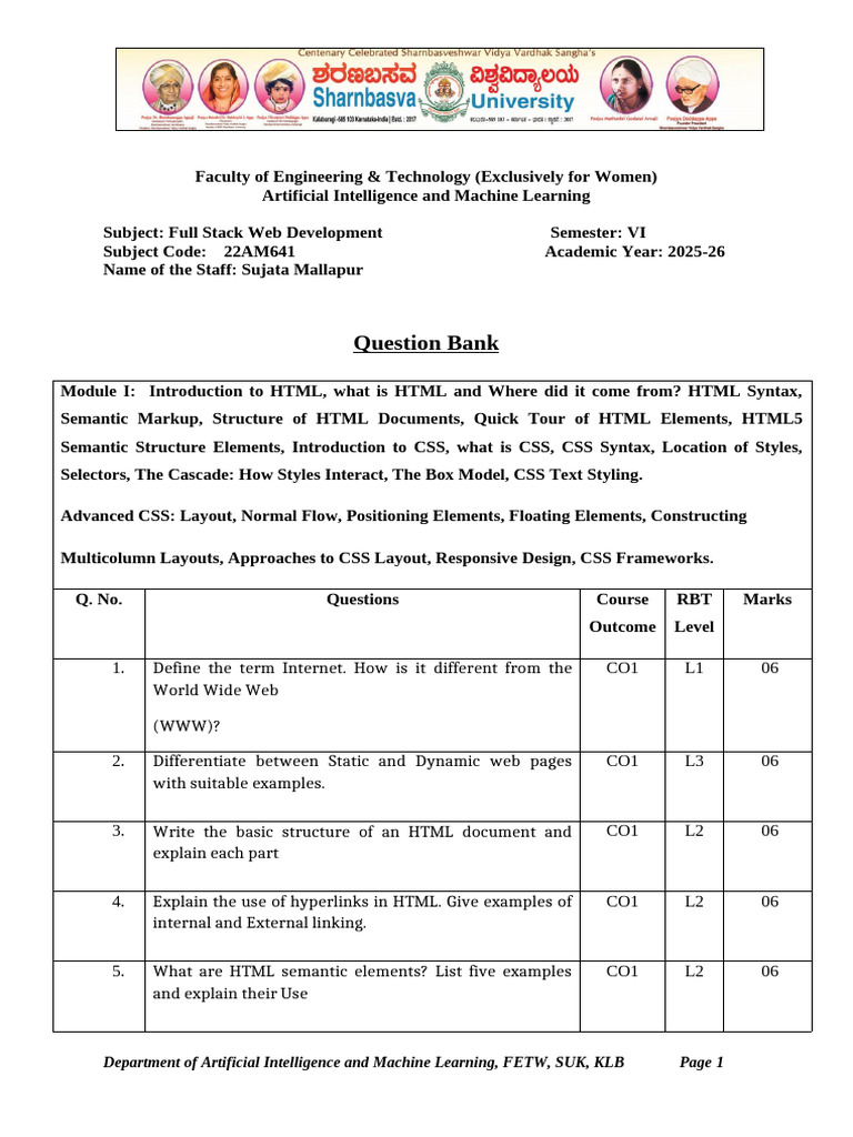 Question Bank FSD UPDATED | PDF | Html | Mongo Db