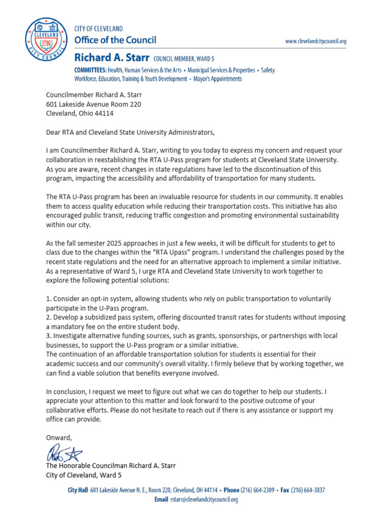 Cleveland City Council Letter To CSU, RTA Re: U-Pass | PDF