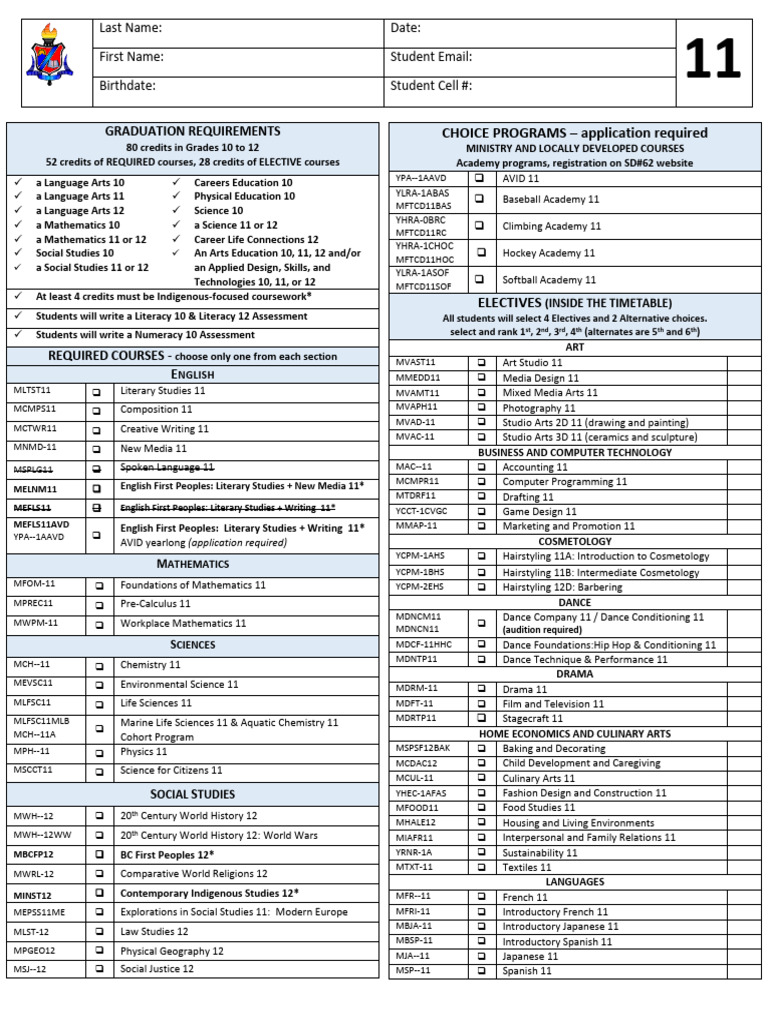 Grade 11 Course Selection Form 3 | PDF