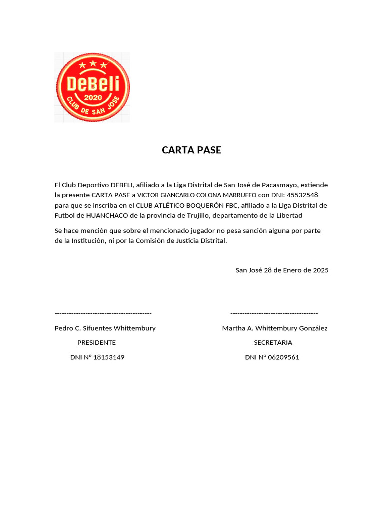 Carta Pase - Debeli | PDF