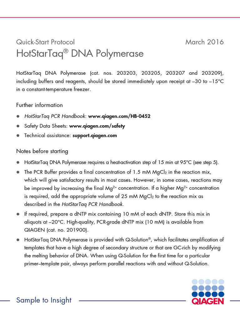 HotStarTaq DNA Polymerase Protocol | PDF | Polymerase Chain Reaction ...