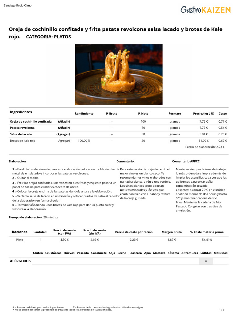 Santiago Recio Olmo Ficha Escandallo Platos Menu HLC | PDF | Mayonesa ...