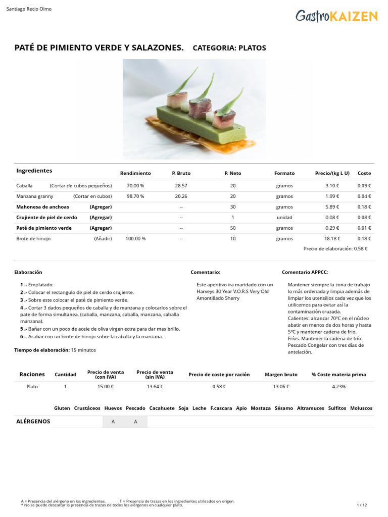 Santiago Recio Olmo Ficha Escandallo Platos Menu Degustacion Luceros ...