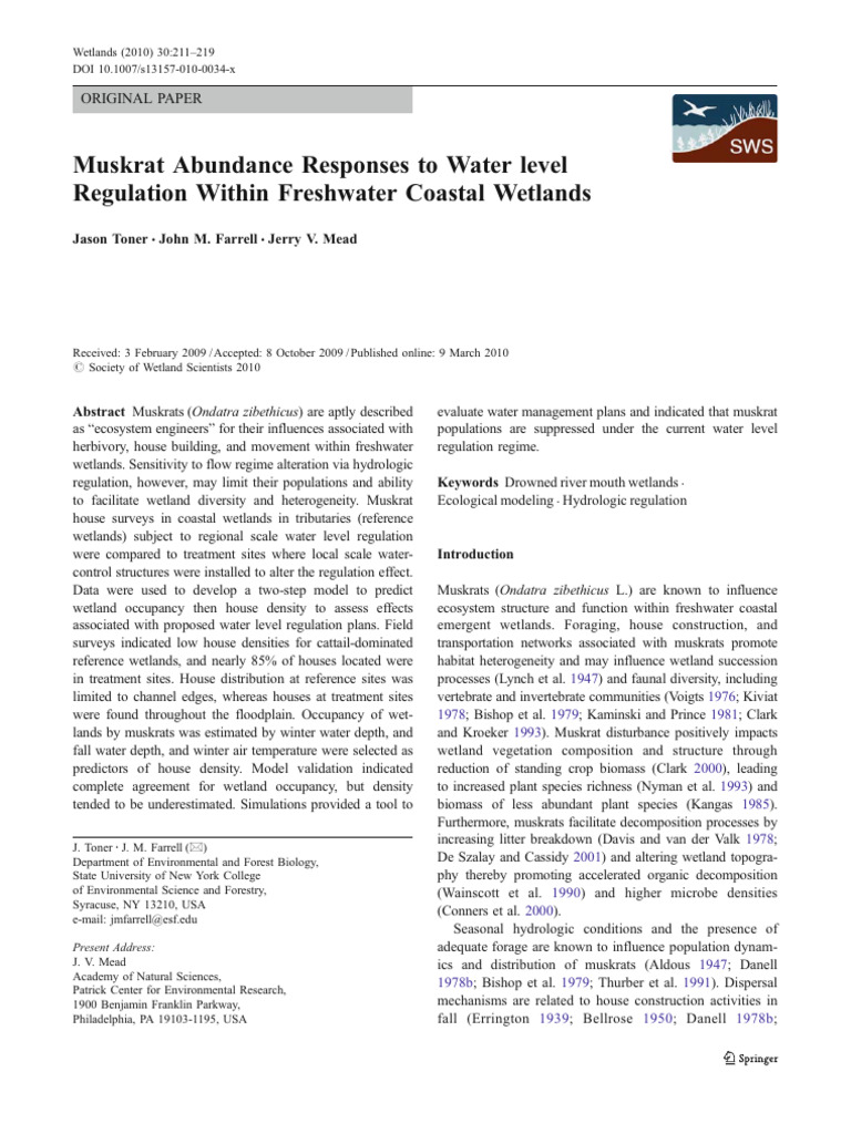 Muskrat Abundance Responses To Water Level Regulation Within Freshwater ...