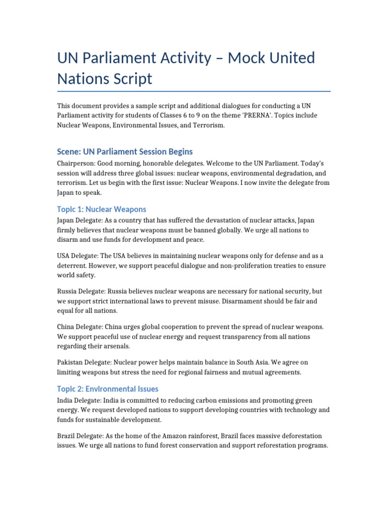 UN Parliament Mock Script | PDF | Nuclear Weapons | United Nations