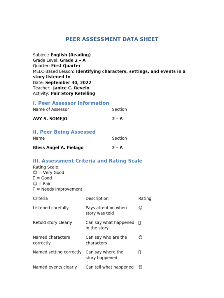 Grade 2 Peer Assessment English Reading | PDF