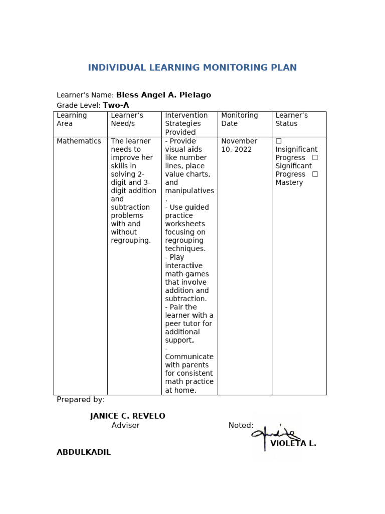 Individual Learning Plan for Math Skills | PDF