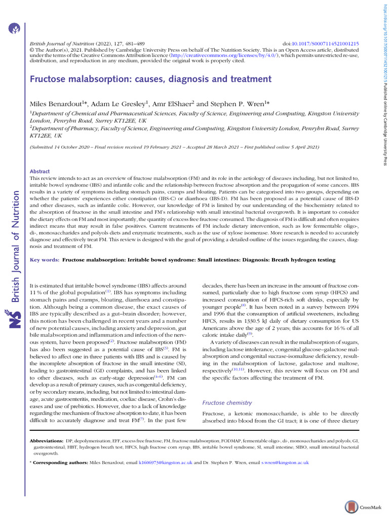 Fructose Malabsorption - Causes, Diagnosis and Treatment | PDF | Fructose | Irritable Bowel Syndrome