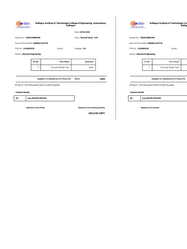 Kolhapur Institute B.Tech Fee Receipt | PDF
