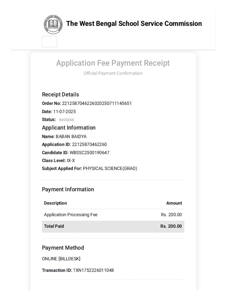 WBSSC Application Fee Receipt | PDF
