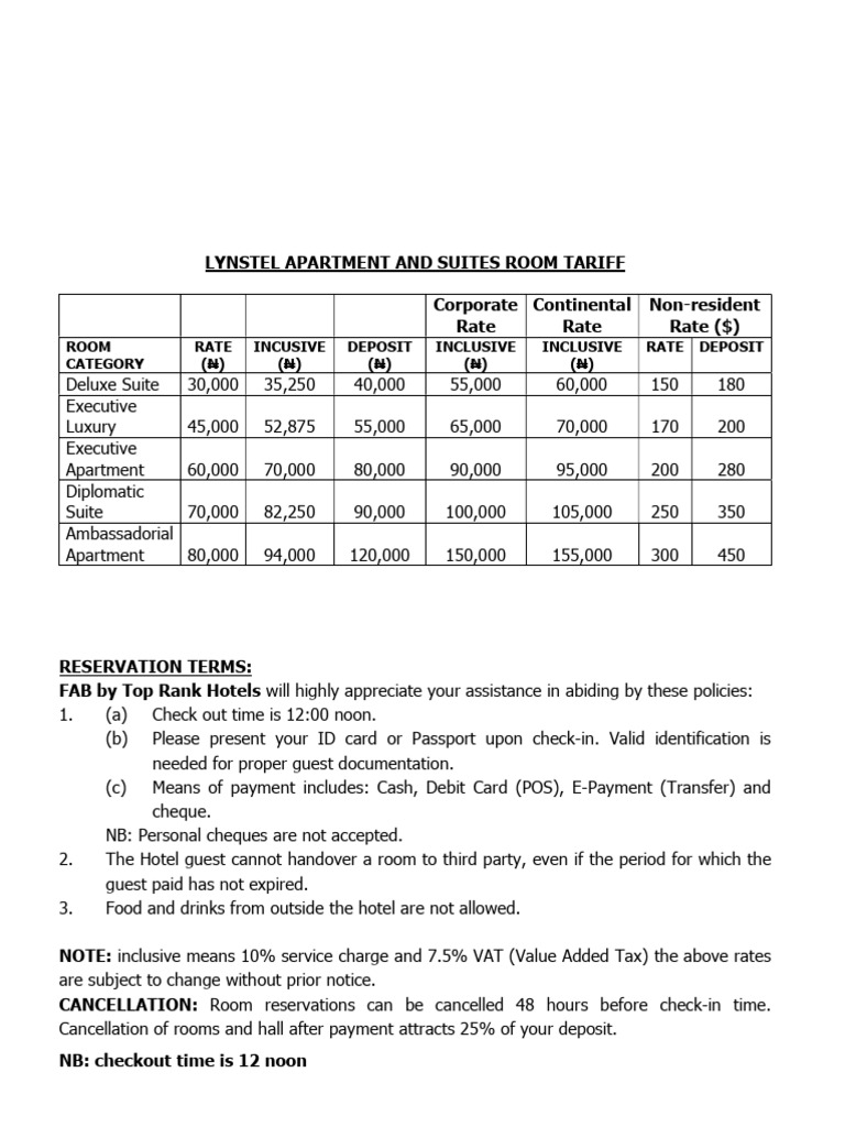 Lynstel Room Tariff | PDF