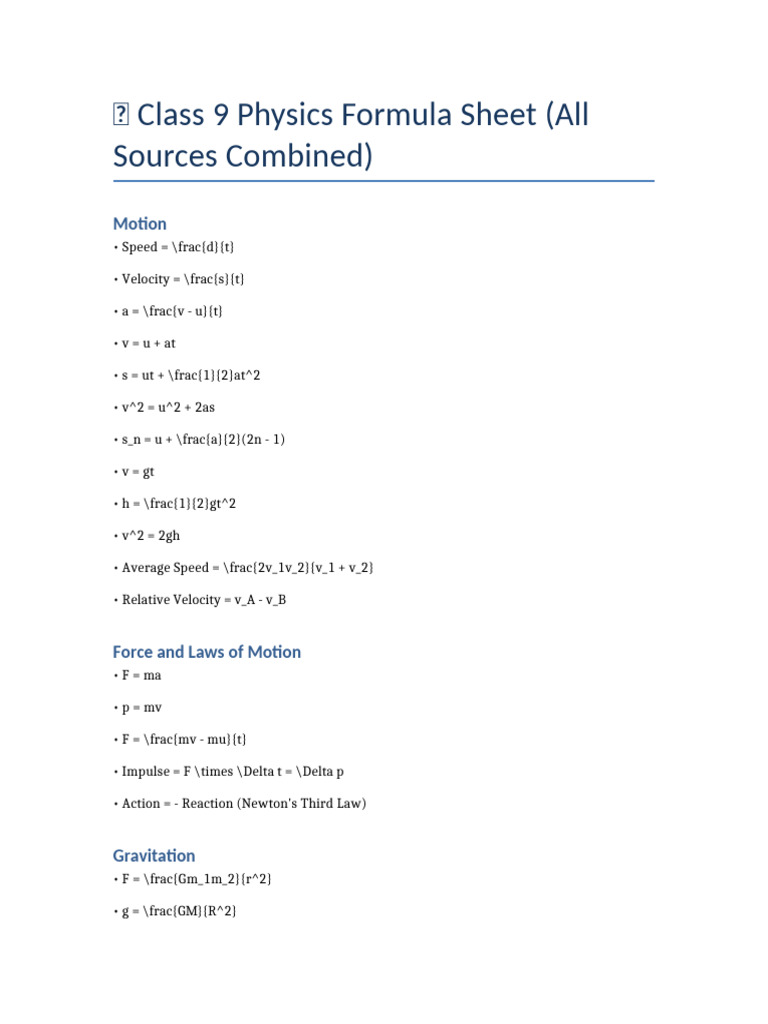 Class 9 Physics Formula Sheet | PDF
