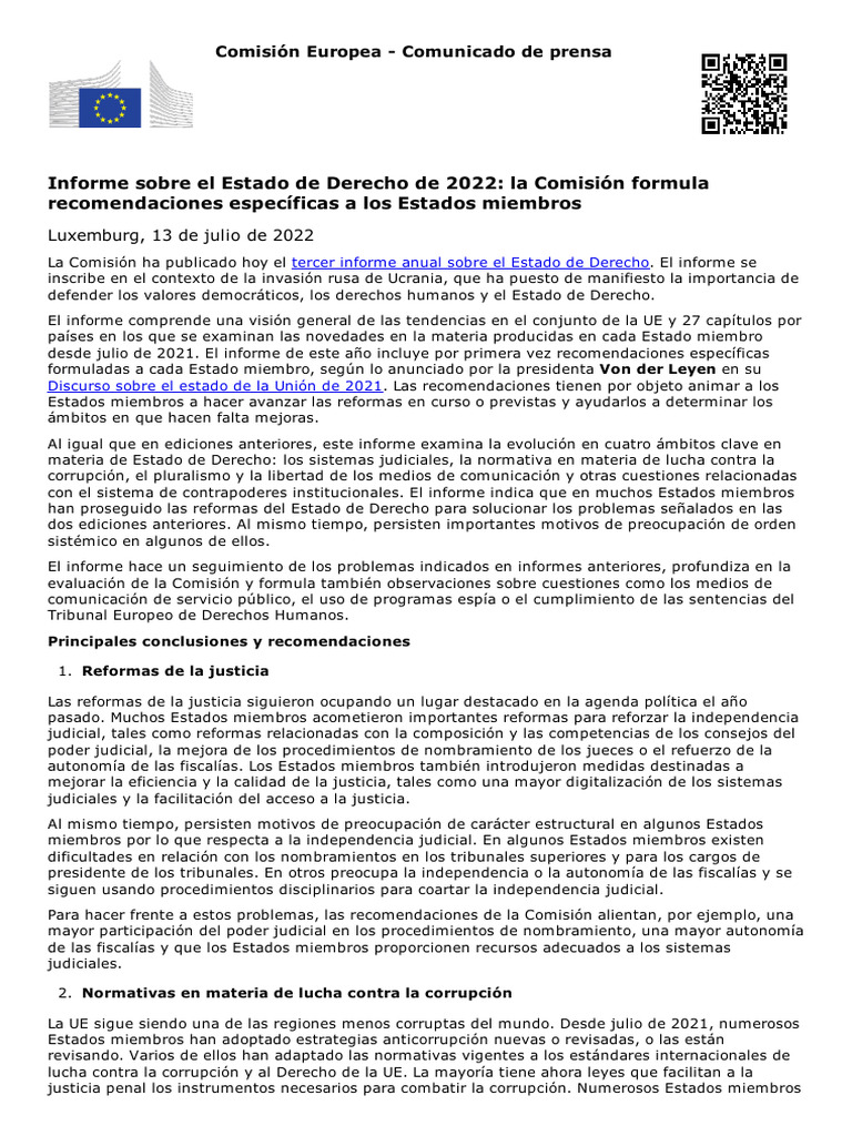 Informe Sobre El Estado de Derecho de 2022 La Comisi n Formula Recomendaciones Espec Ficas a Los ...