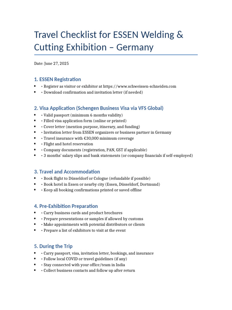 ESSEN Exhibition Travel Checklist | PDF
