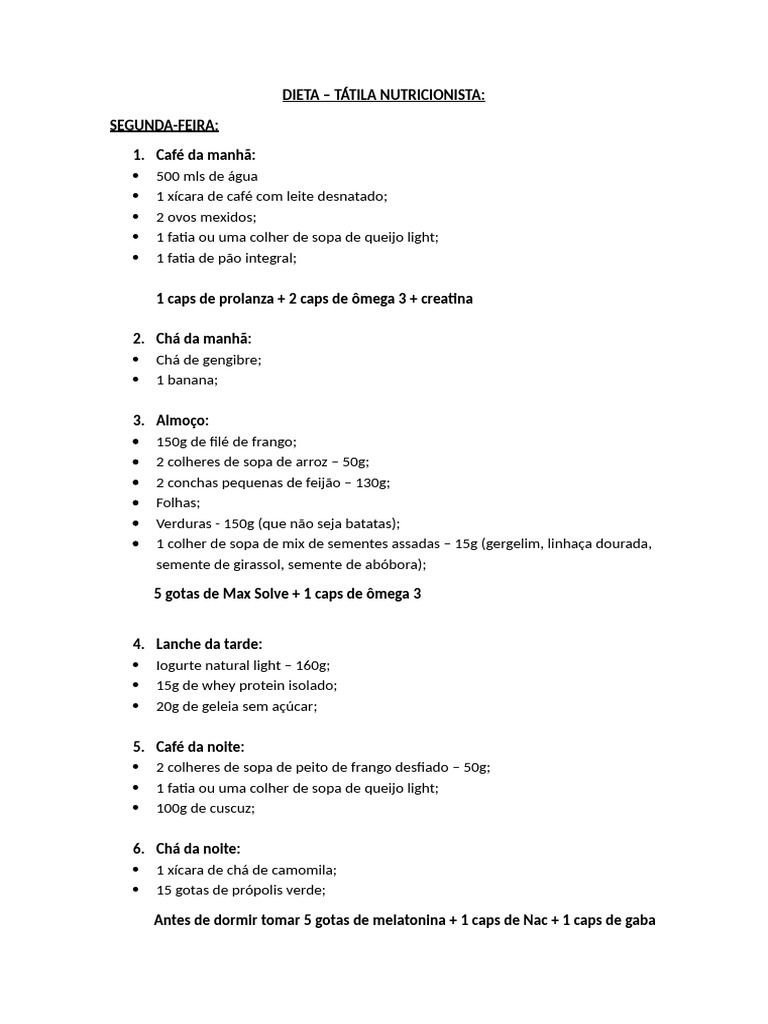 Dieta Semanal com Tátila Nutricionista | PDF | Chá | Alimentos