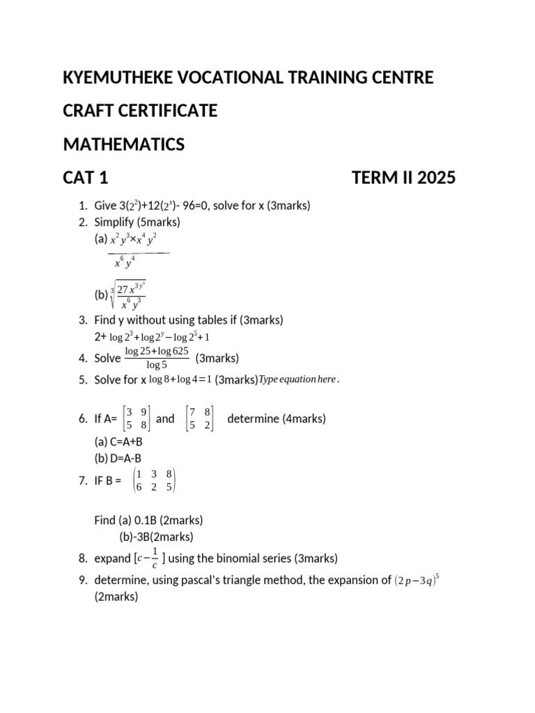 Mathematics Craft Certificate Exam 2025 | PDF