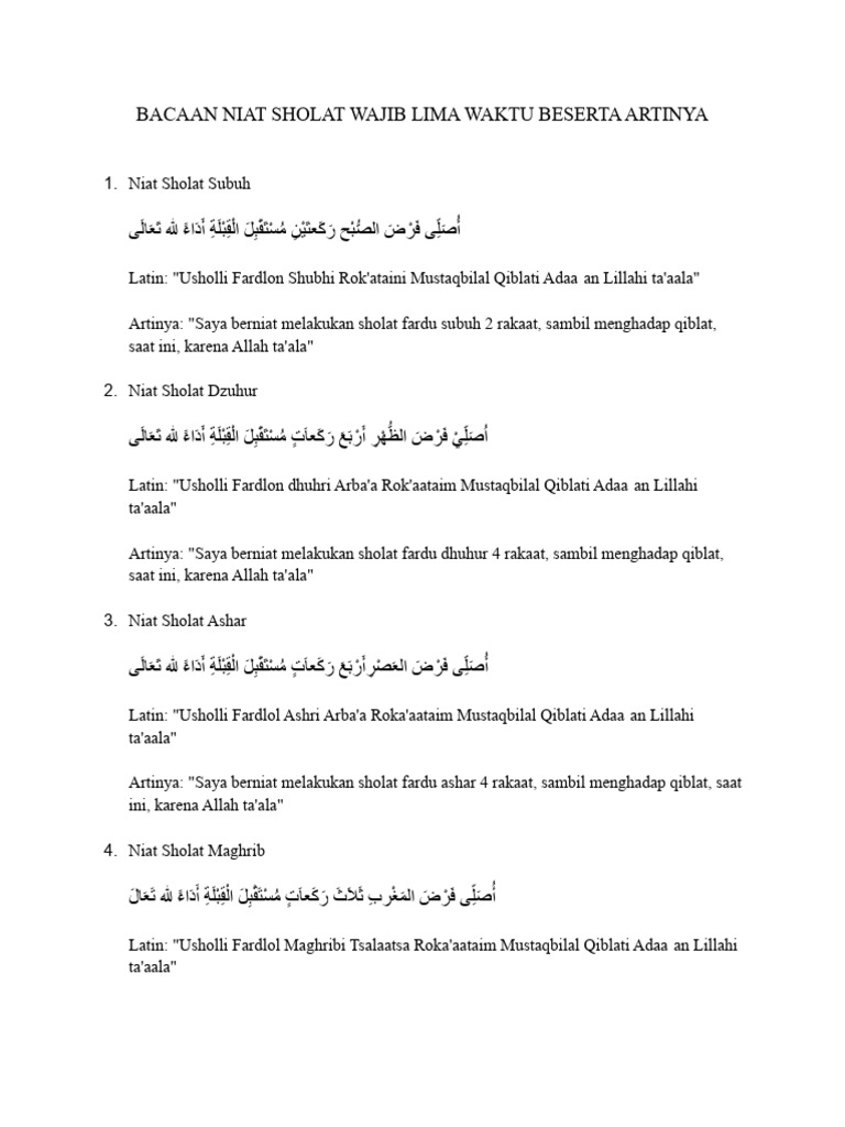 Bacaan Niat Sholat Wajib Lima Waktu Beserta Artinya | PDF