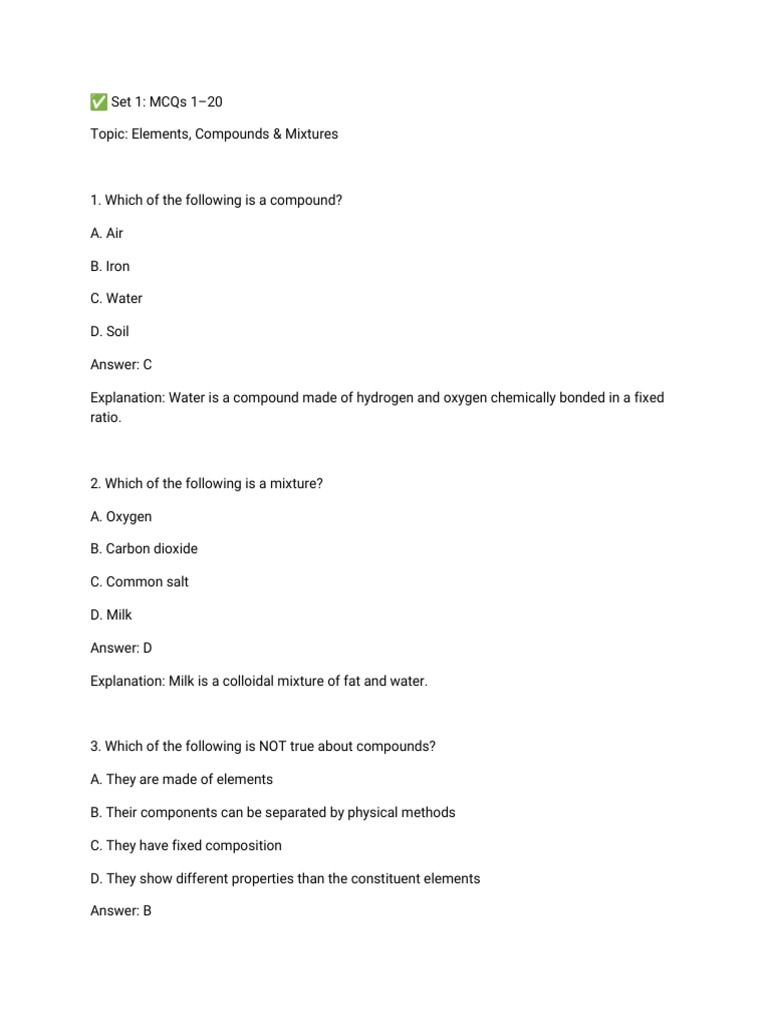Elements, Compounds, and Mixtures MCQs | PDF | Distillation | Mixture
