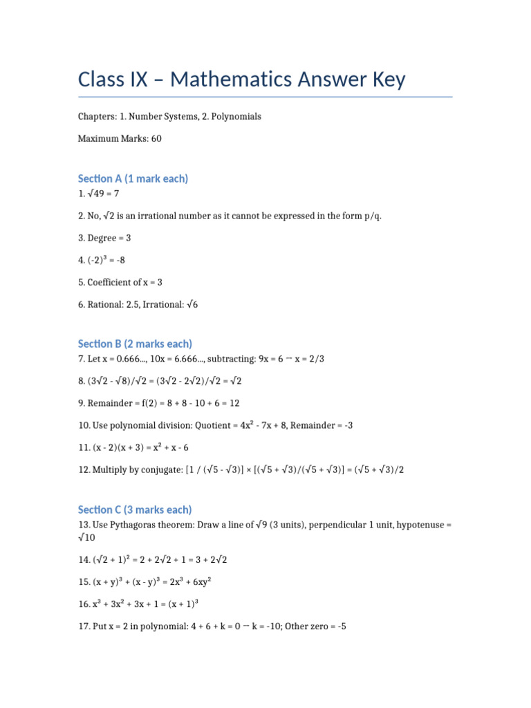 Class 9 Maths Answer Key | PDF