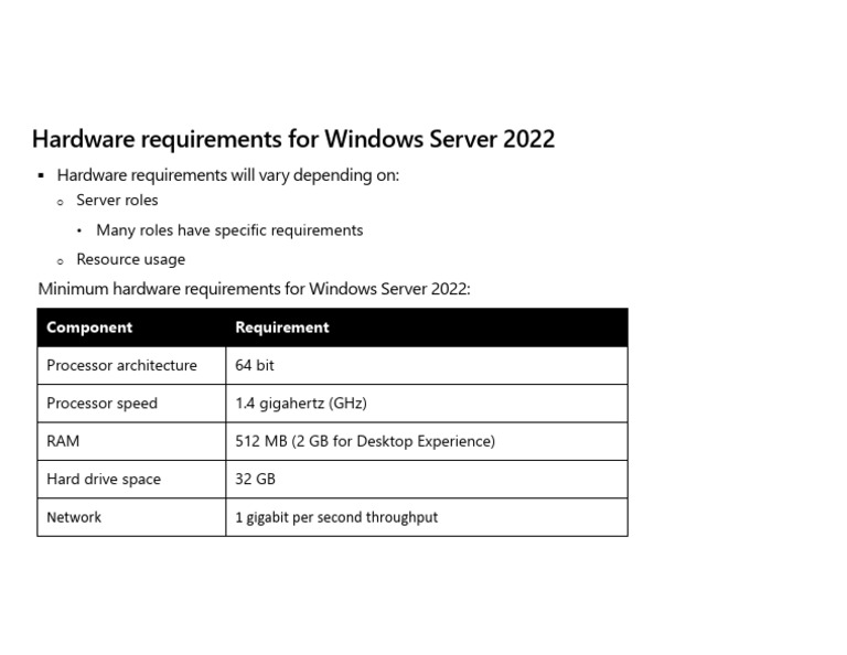 Windows Server 2022 Hardware Requirements | PDF