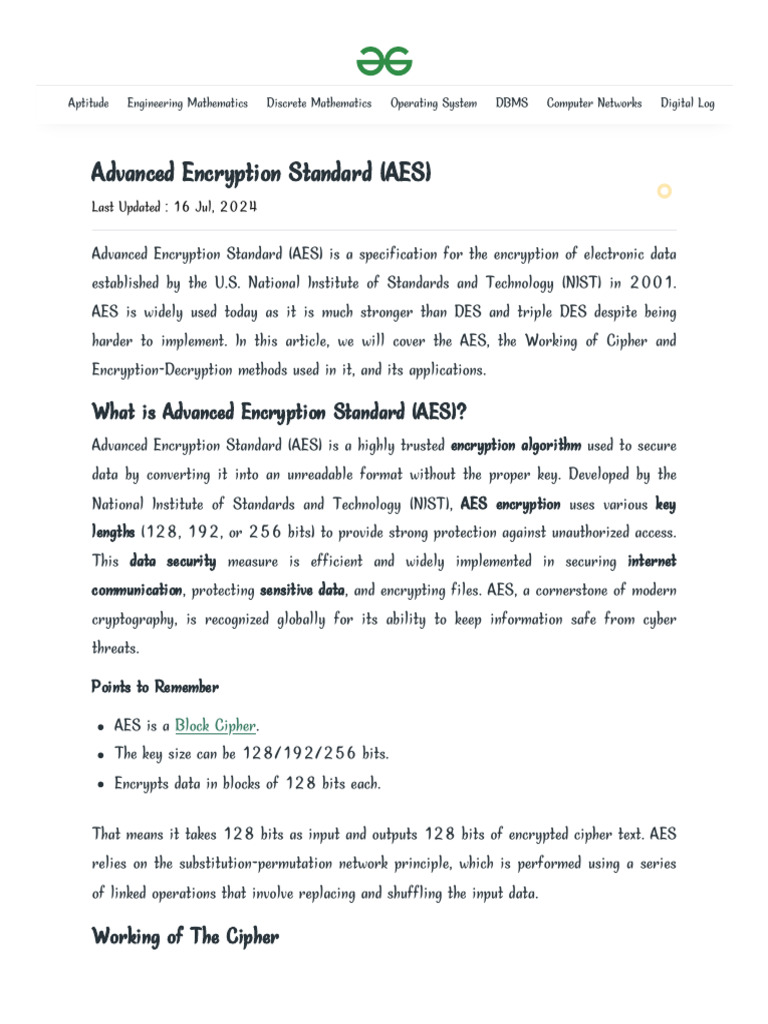 Advanced Encryption Standard (AES) - GeeksforGeeks | PDF | Encryption | Virtual Private Network