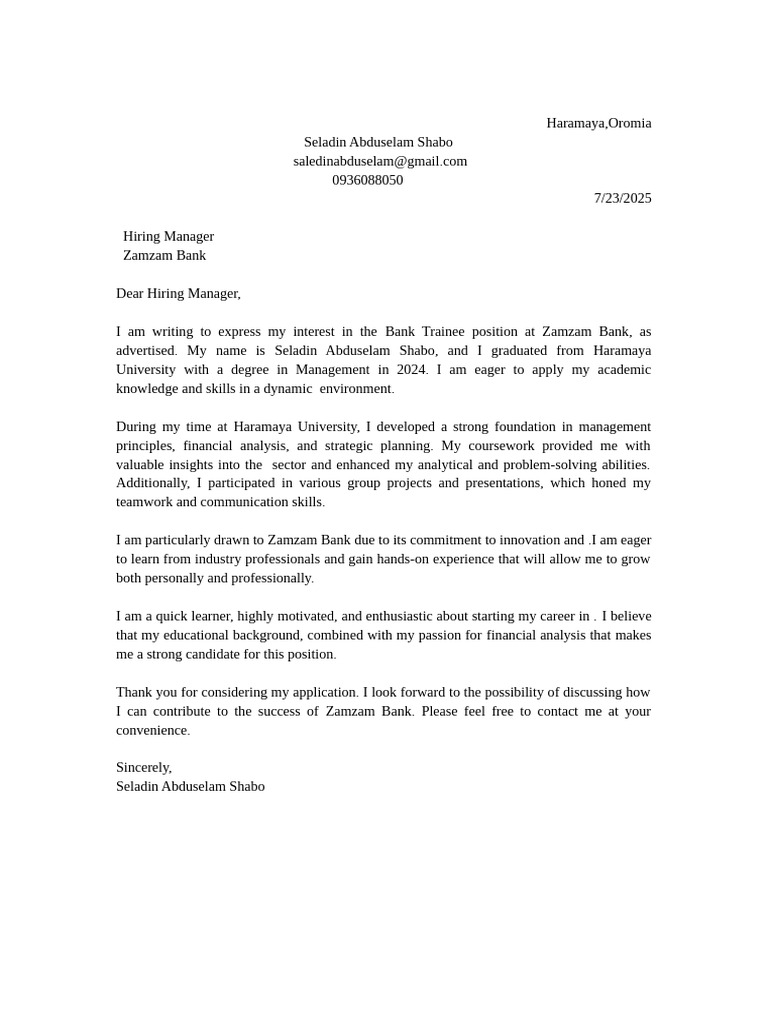 Cover Letter Jemal (OB) | PDF