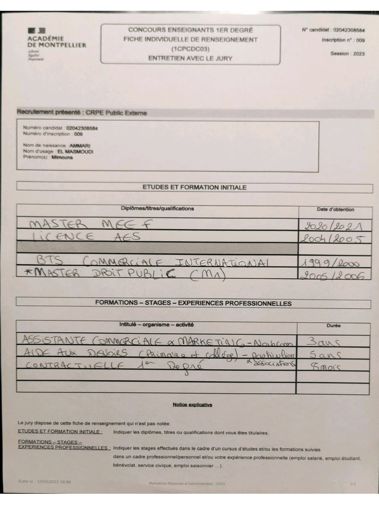 Fiche Individuelle de Renseignement Crpe | PDF