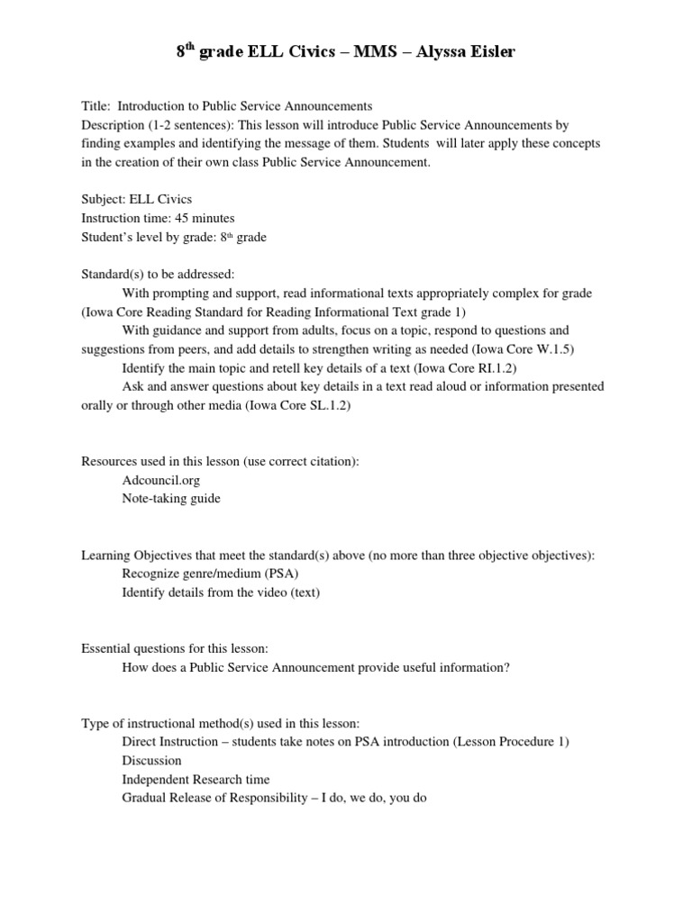Psa Lesson Plan | PDF | Educational Assessment | Lesson Plan