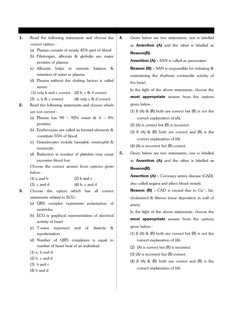 Body Fluids and Circulation Assertion and Rason Worksheet | PDF | Blood ...