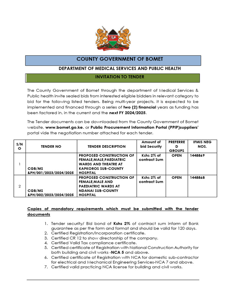 Tender for Ndanai Sub-County Hospital | PDF