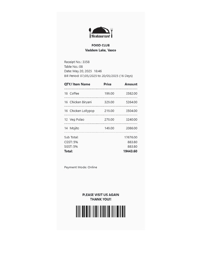 Food Bill 07052025 - 20052025 | PDF