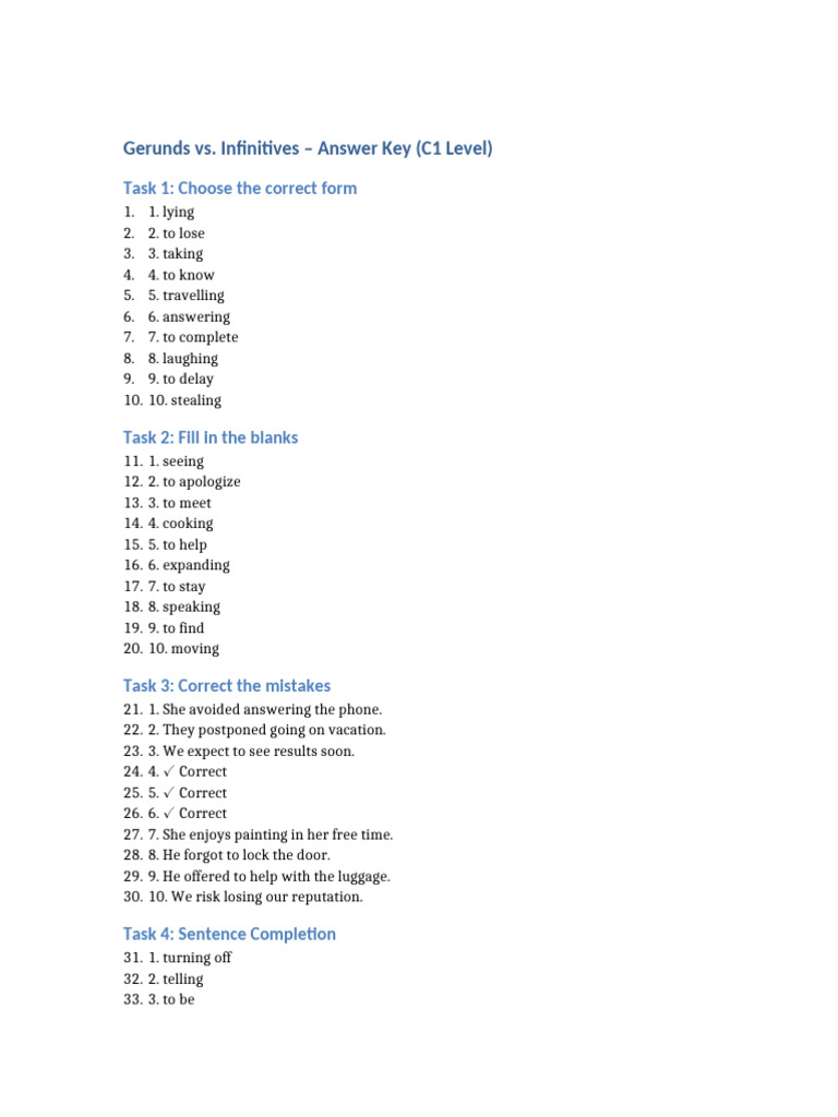 Gerunds Vs Infinitives C1 Answer Key | PDF