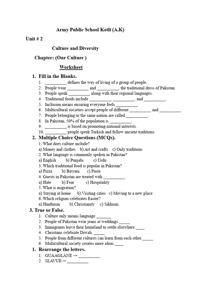 Culture and Diversity Worksheet | PDF