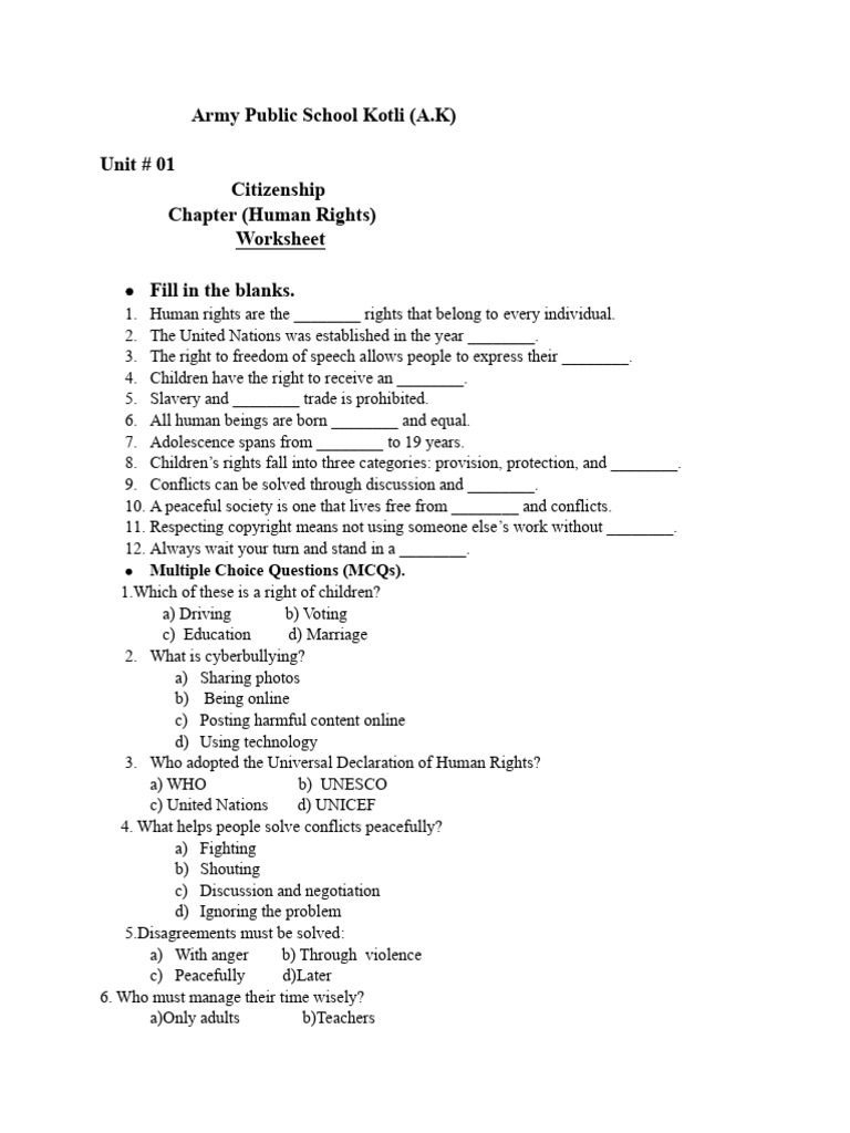 Class 5 Human Rights Worksheet | PDF | Freedom Of Speech | Justice