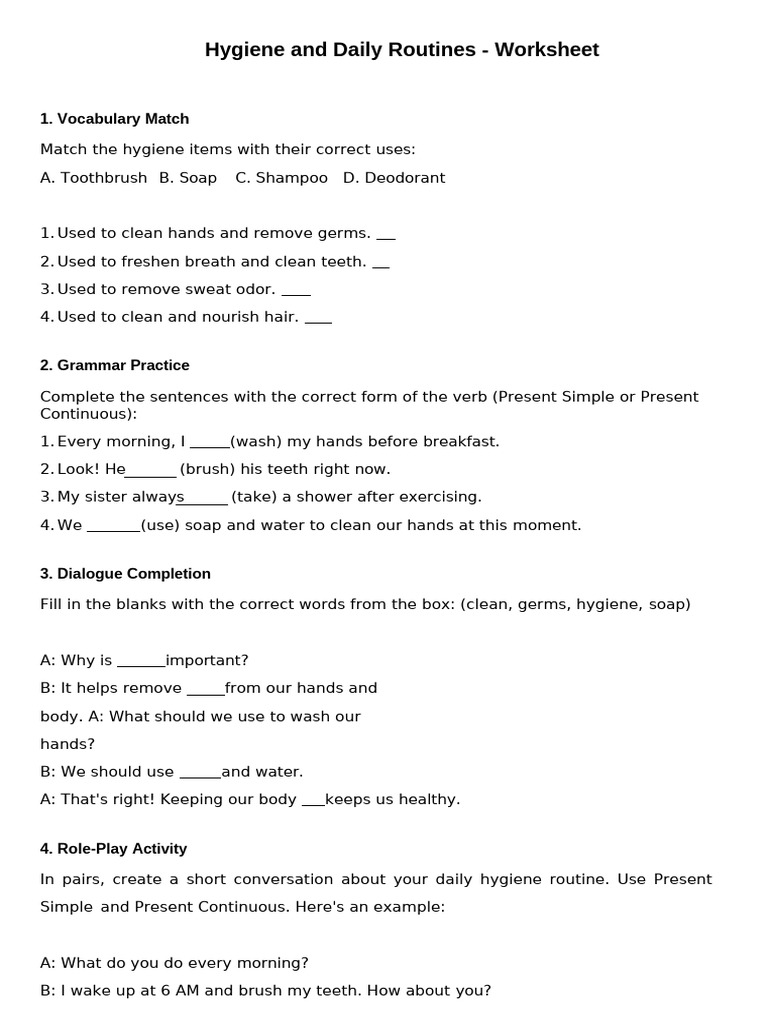 Hygiene and Daily Routines Worksheet | PDF