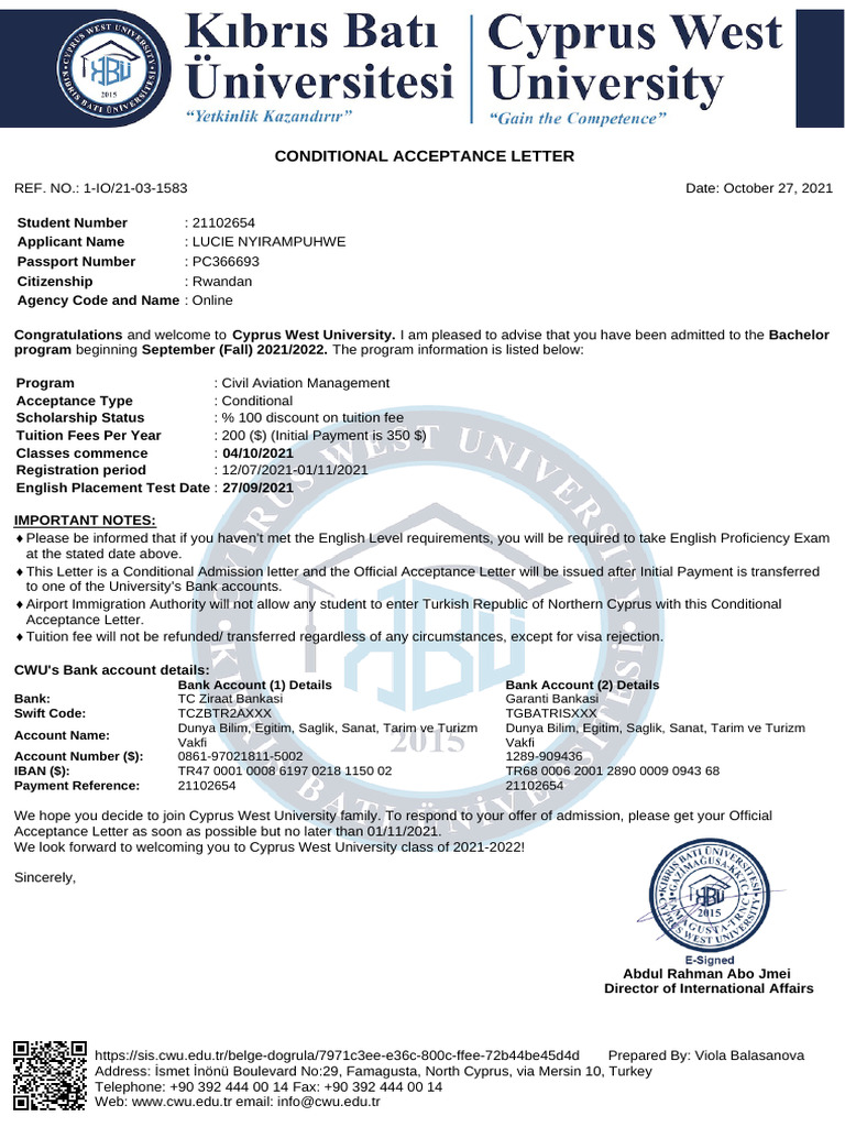 Conditional Acceptance Letter Imzali | PDF | International Law ...