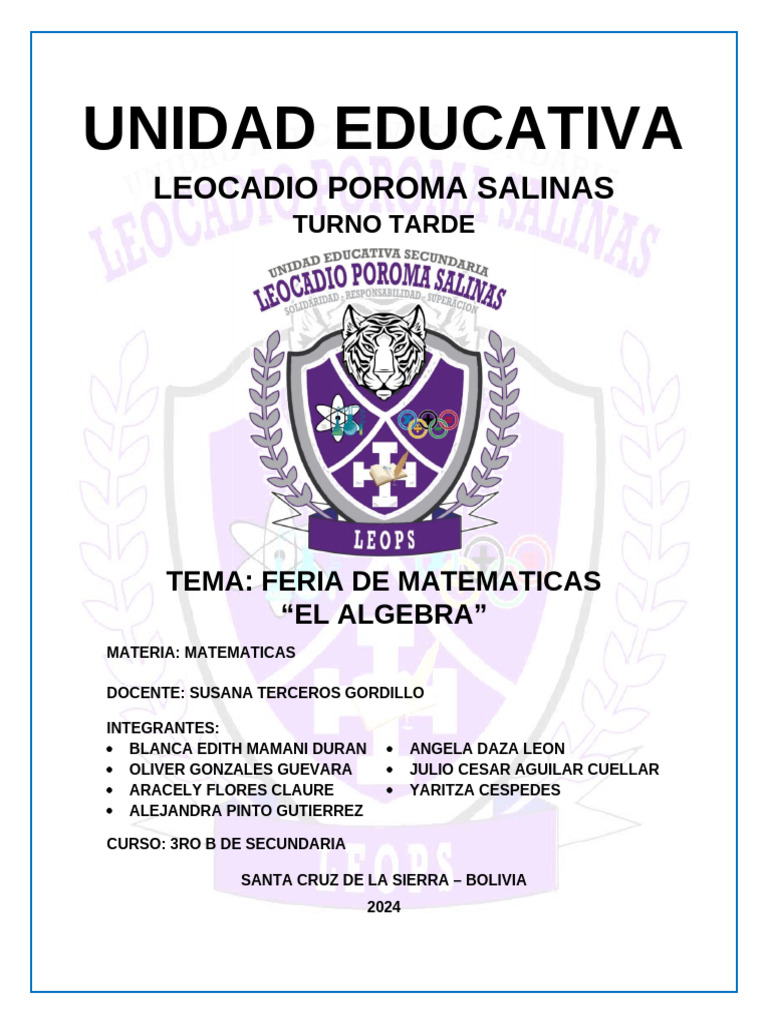 Unidad Educativa Leocadio Poroma La Viudita | PDF | Álgebra | Matemáticas
