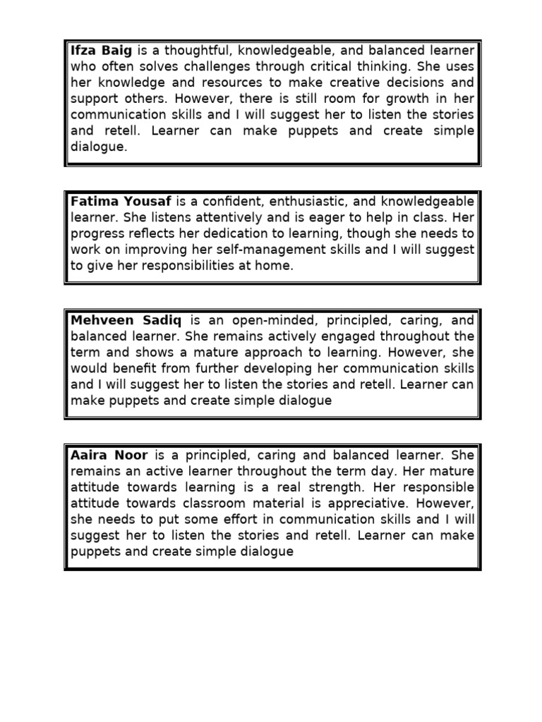 PP II (a)-Teacher Comments for 1st Term Report Card | PDF | Learning ...