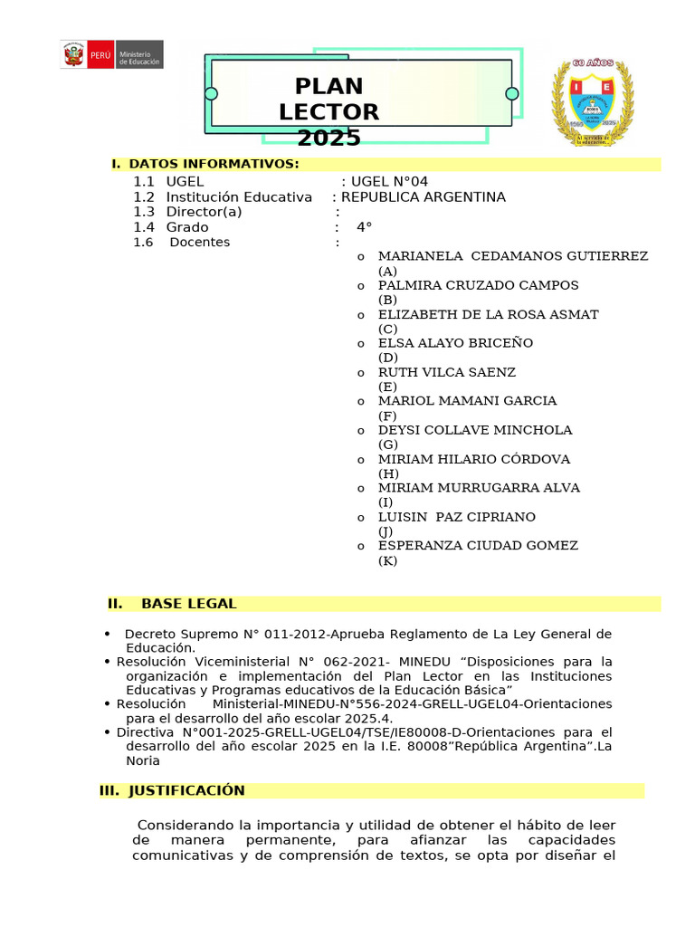 Plan - Lector 2025 - 4to | PDF | Maestros | Aprendizaje