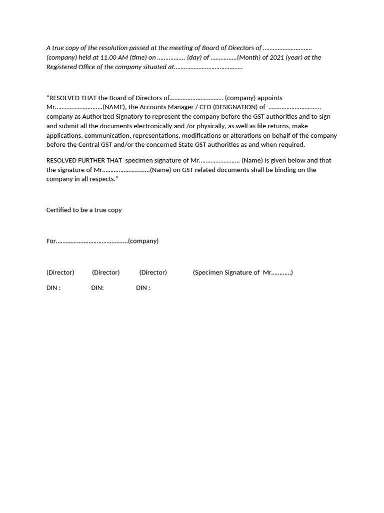 Board Resolution for GST Signatory | PDF