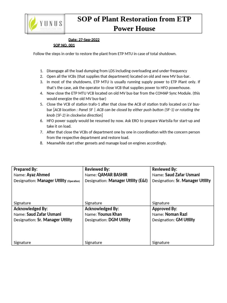 SOP of Plant Restoration by ETP Genset | PDF