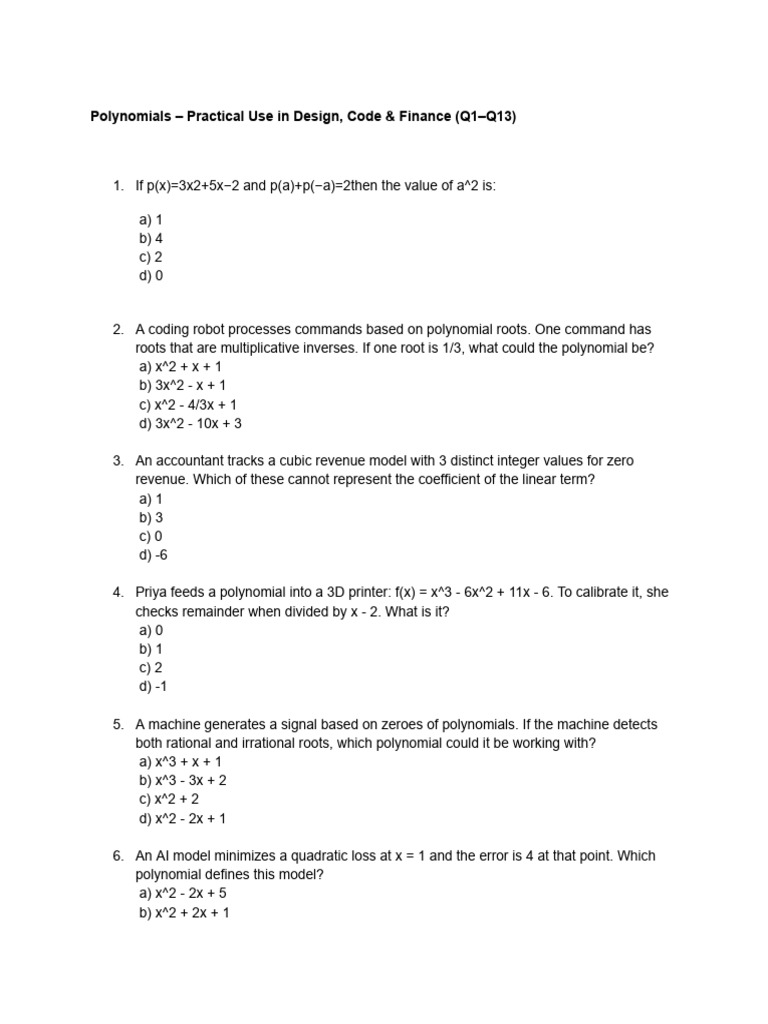 Polynomials - Practical Use in Design, Code & Finance (Q1-Q13) | PDF ...