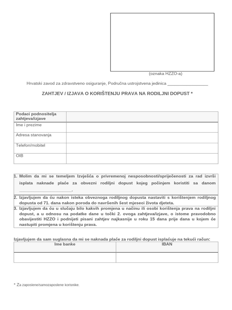 Zahtjev-Izjava o Korištenju Prava Na Rodiljni Dopust - 0 | PDF