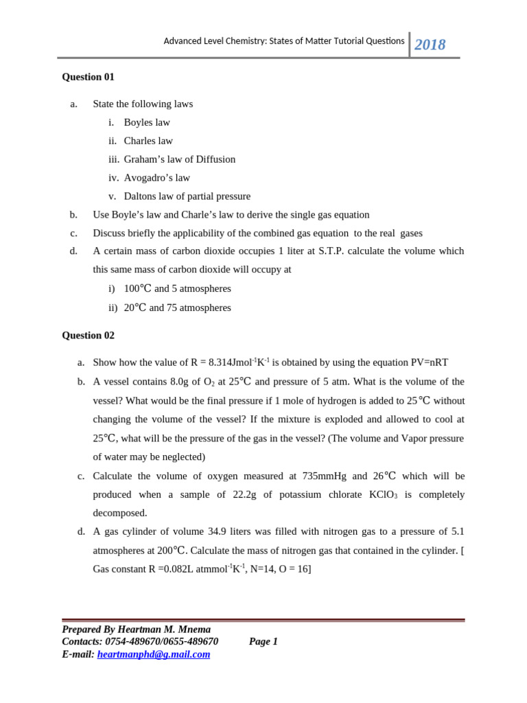 States of Matter Tutorial Qns | PDF | Gases | Water