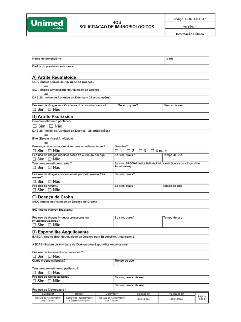 Formulario de Imunobiologisco Unimed | PDF | Esclerose múltipla | Psoríase