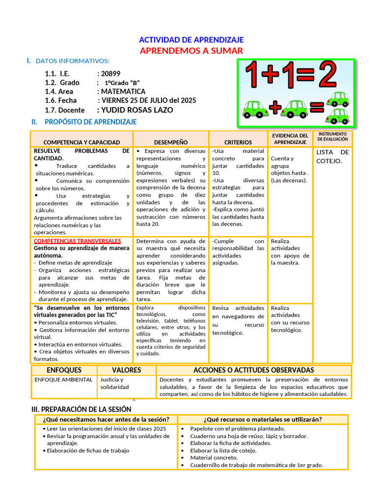 Sesion Mat. Aprendemos A Sumar | PDF | Aprendizaje | Evaluación
