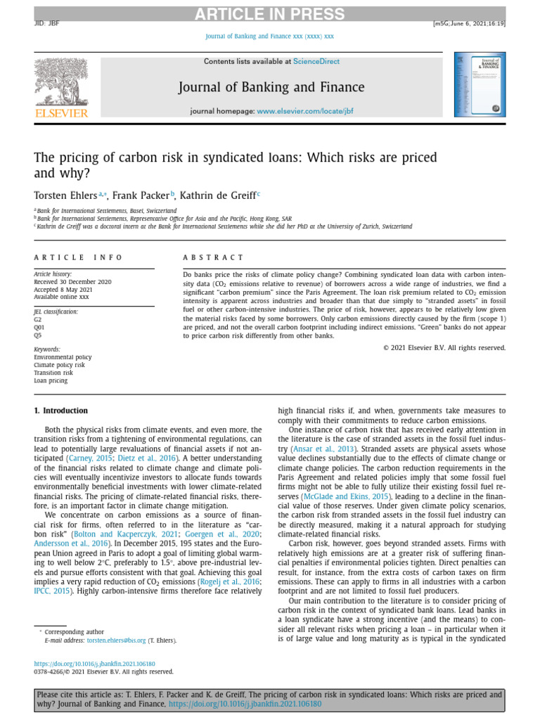 The Pricing of Carbon Risk in Syndicated Loans Which Risks Are Priced and Why | PDF | Climate ...