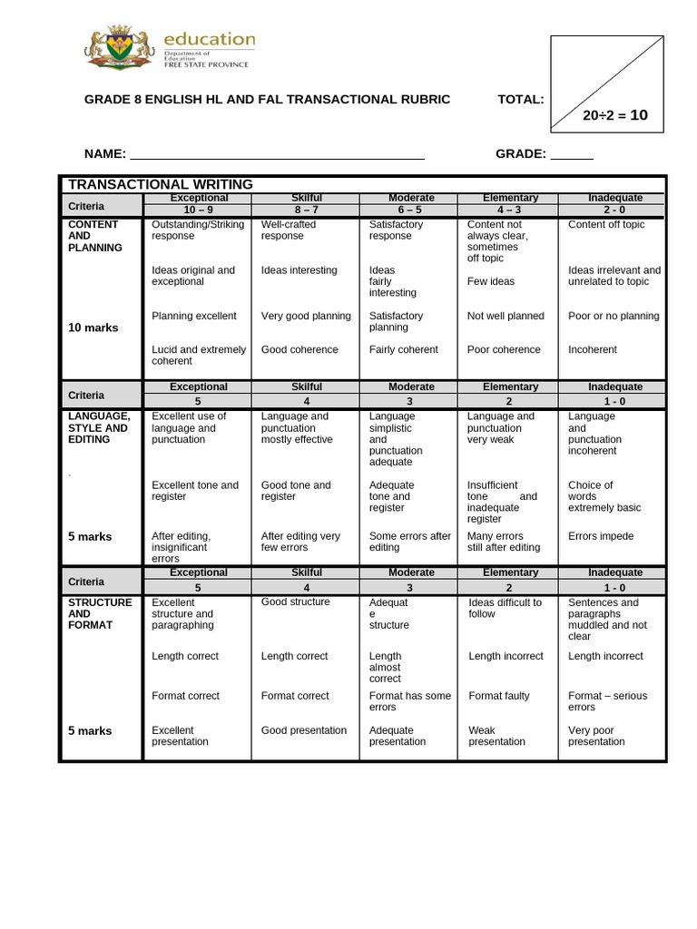 Grade 8 Transactional Writing Rubric | PDF | Linguistics | Human ...