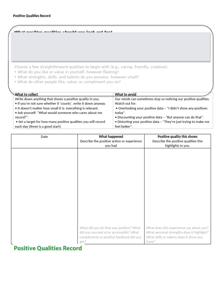 Positive Qualities Self-Record Guide | PDF