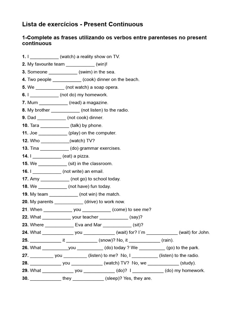 Lista de Exercícios - Present Continuous | PDF